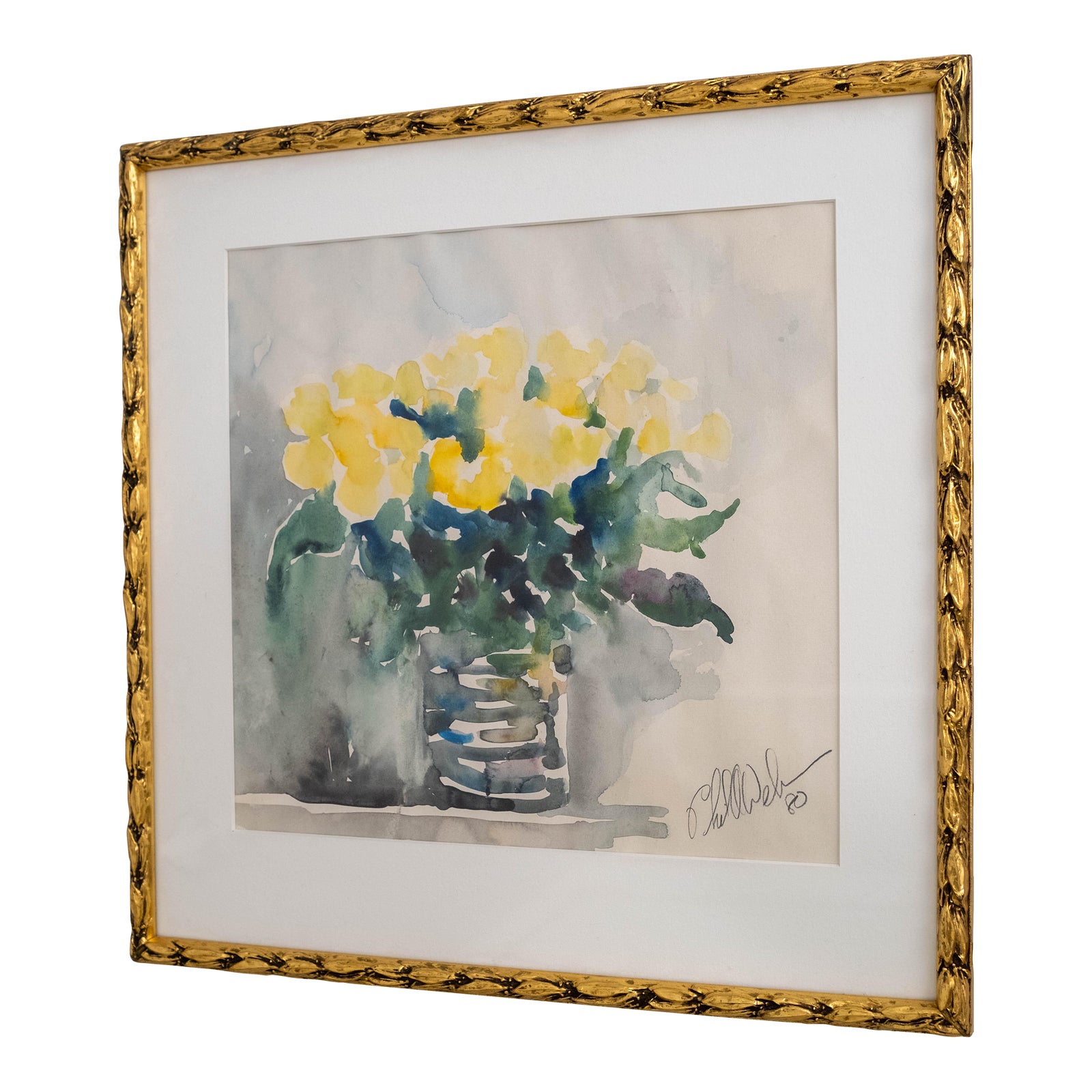 Abstract Yellow Flowers in Vase Watercolor Painting Signed | Chairish