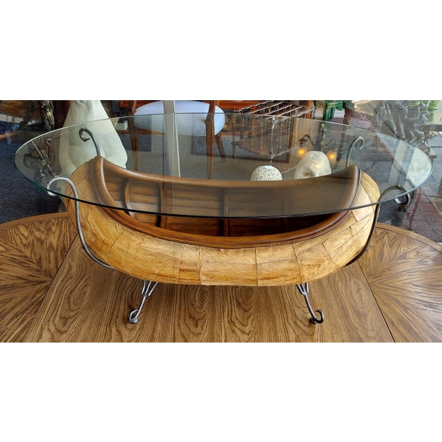 1970s Vintage Wrought Iron, Wood and Glass Canoe Coffee Table | Chairish