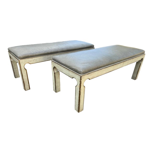 Pair of Baker Furniture Wood and Leather Benches | Chairish