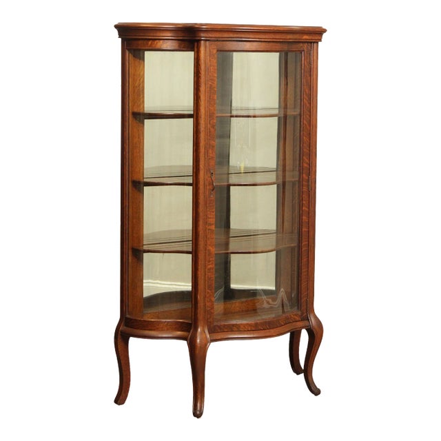 Antique Victorian Oak Curved Glass China Display Cabinet | Chairish