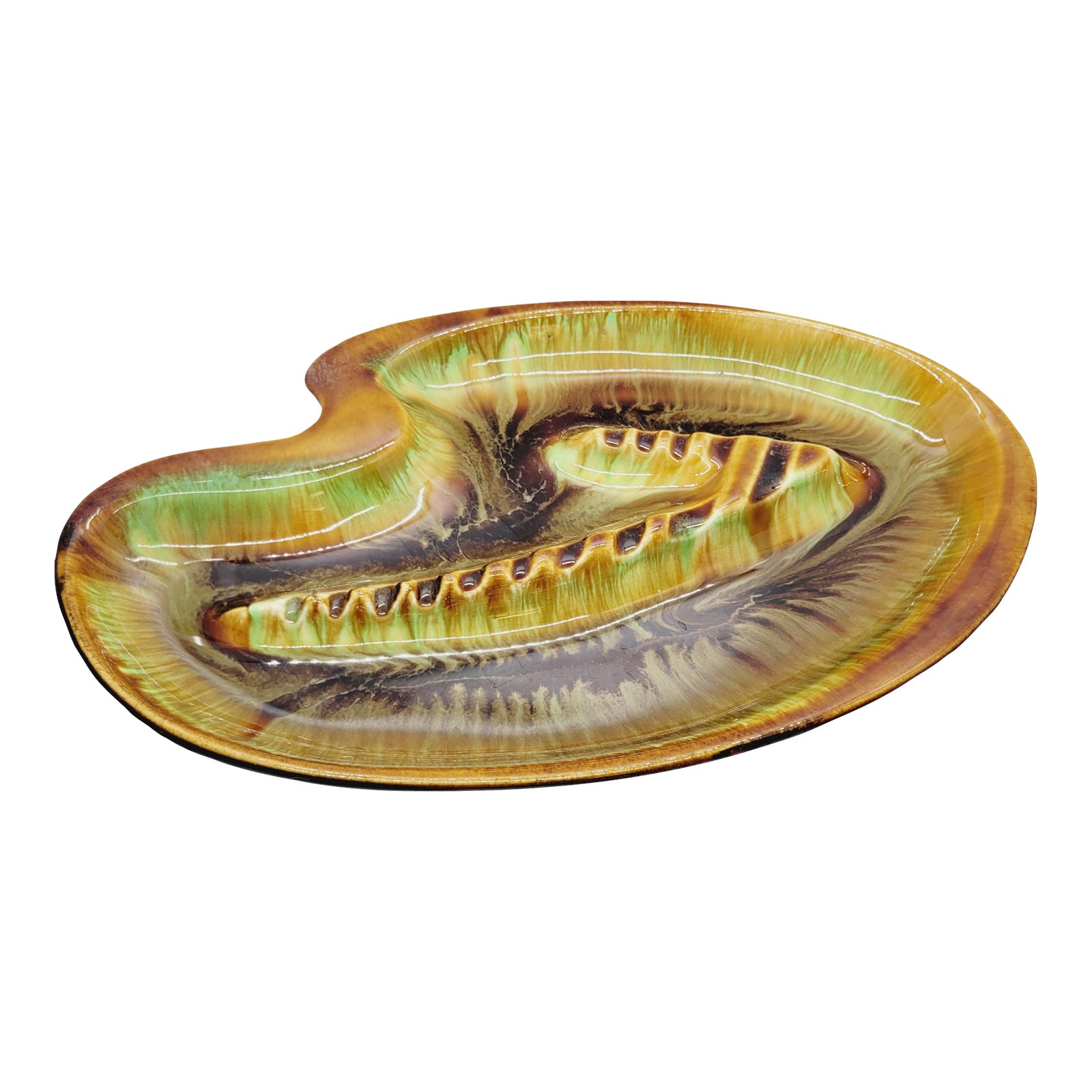 1960's DeForest Pottery Ashtray P32 Amoeba Shape Brown Green Swirl ...