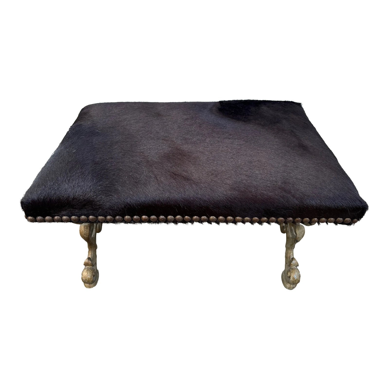 1950s Victorian Style Cast Iron Base Hair on Hide Upholstered Footstool ...