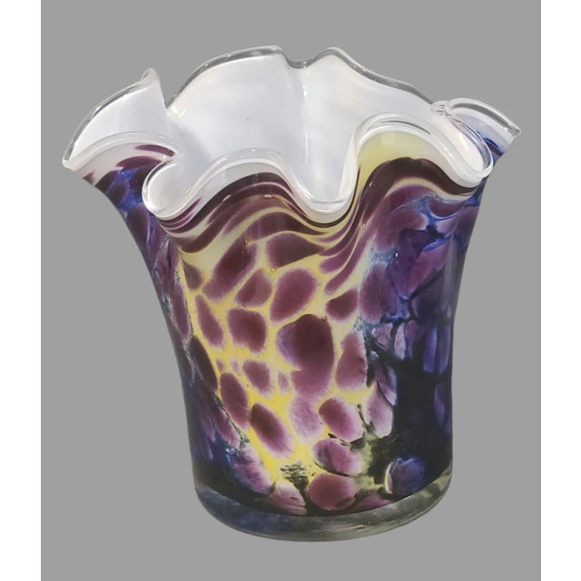 Vintage Multi Color Cashed Art Glass Hand Blown Vase Ruffled Edge