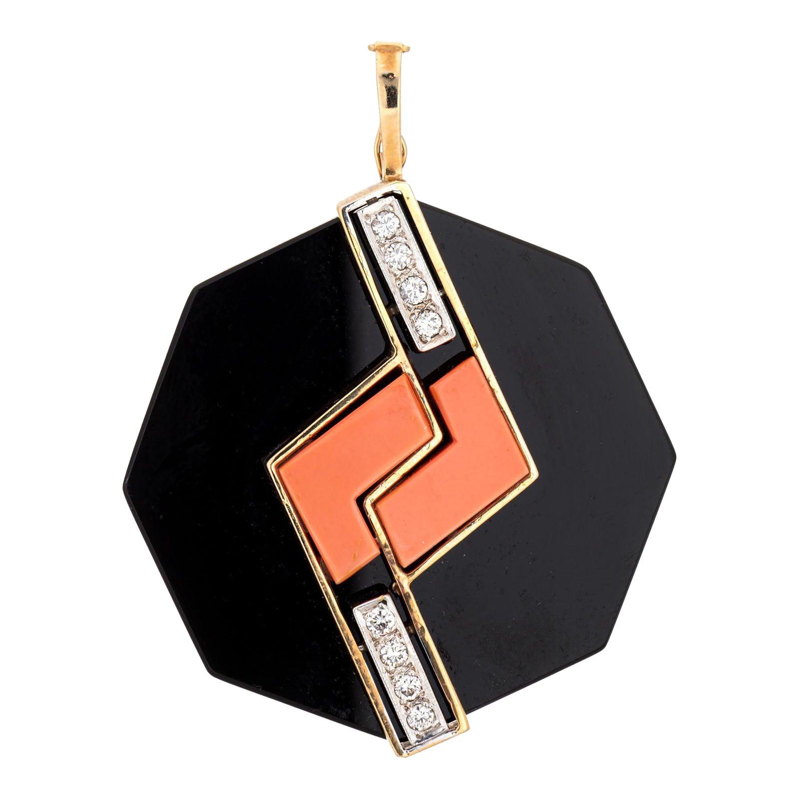 70s Onyx Coral Diamond Pendant Large Octagon 14k Yellow Gold Fine ...