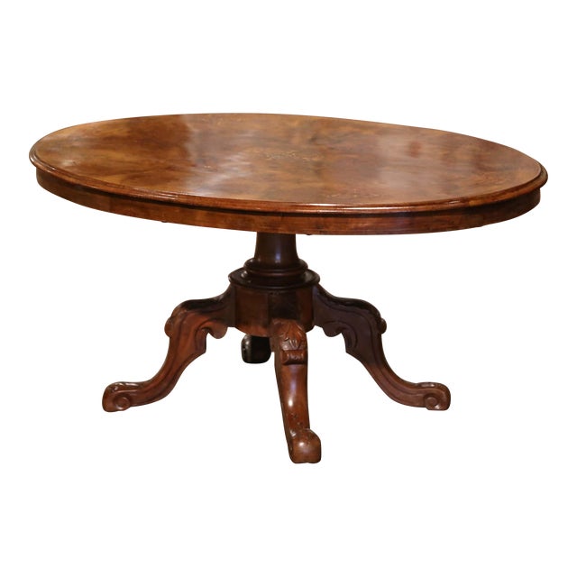 19th Century English Carved Inlaid Burl and Walnut Oval Pedestal Coffee ...