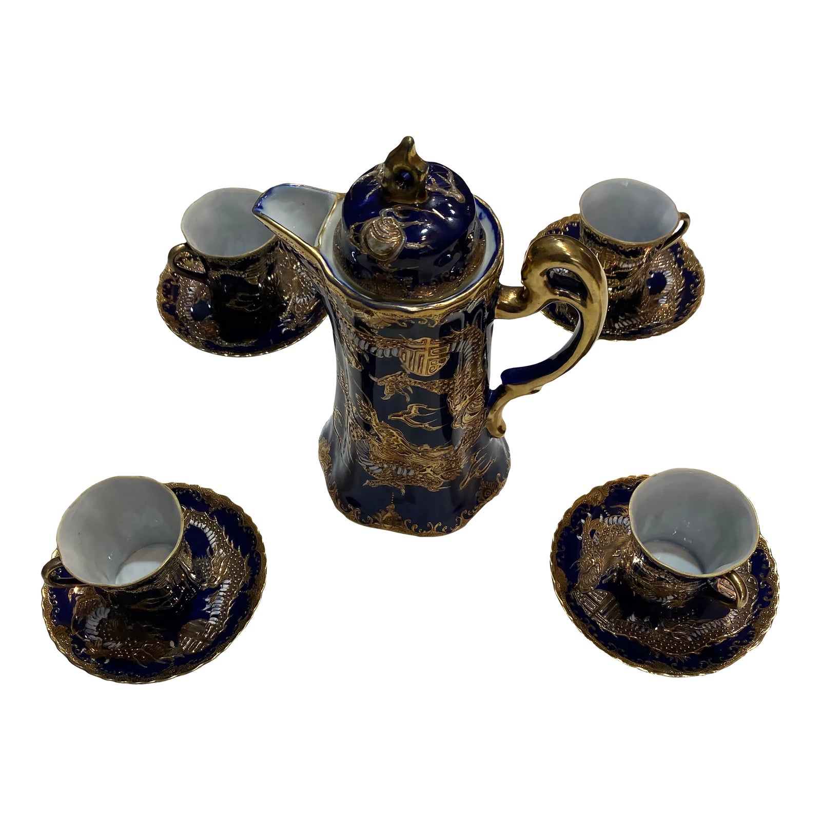 Late 20th Century Nippon Handpainted Blue Gold Pot Set With 4 Cups- 9 ...