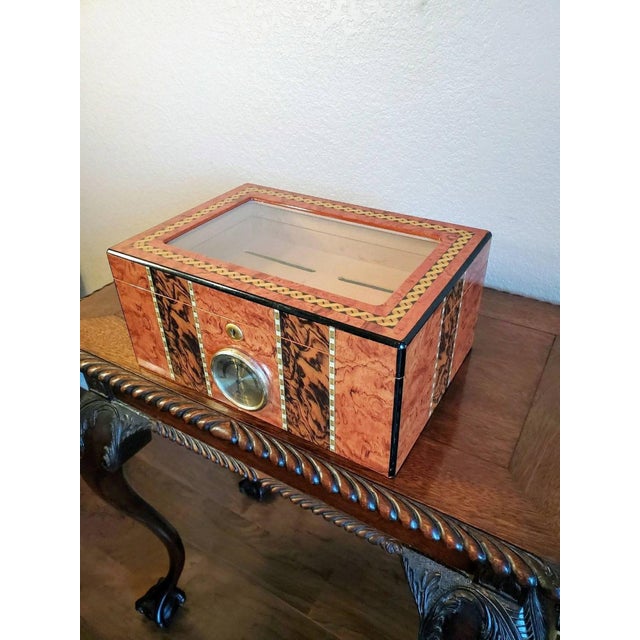 Contemporary Wood Inlaid Cigar Humidor Box | Chairish