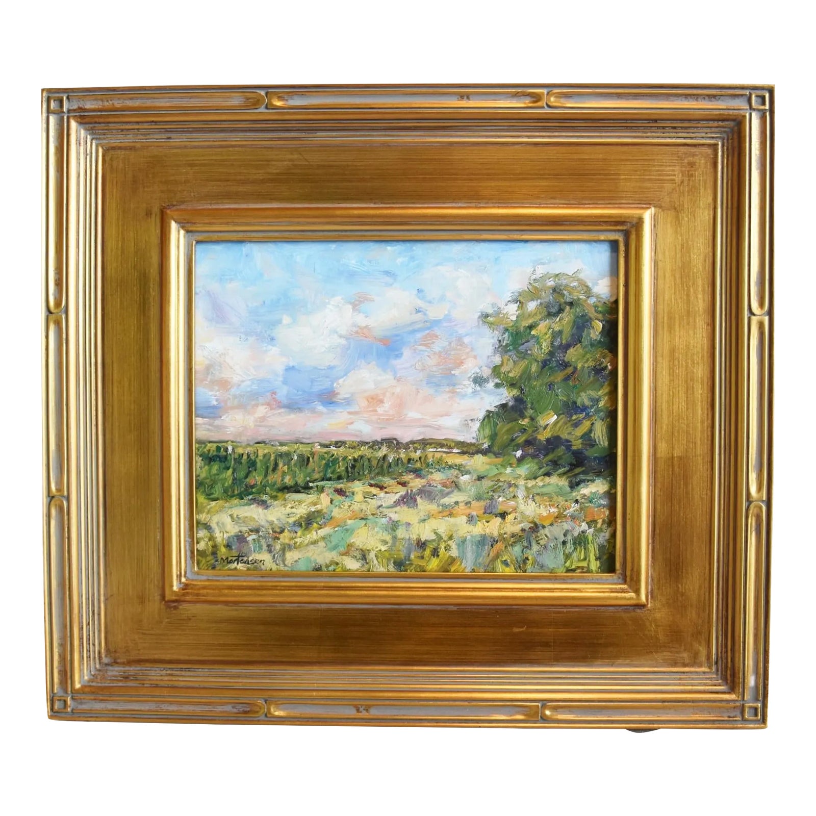 Impressionist Colorful Meadow & Puffy White Clouds Landscape Oil ...