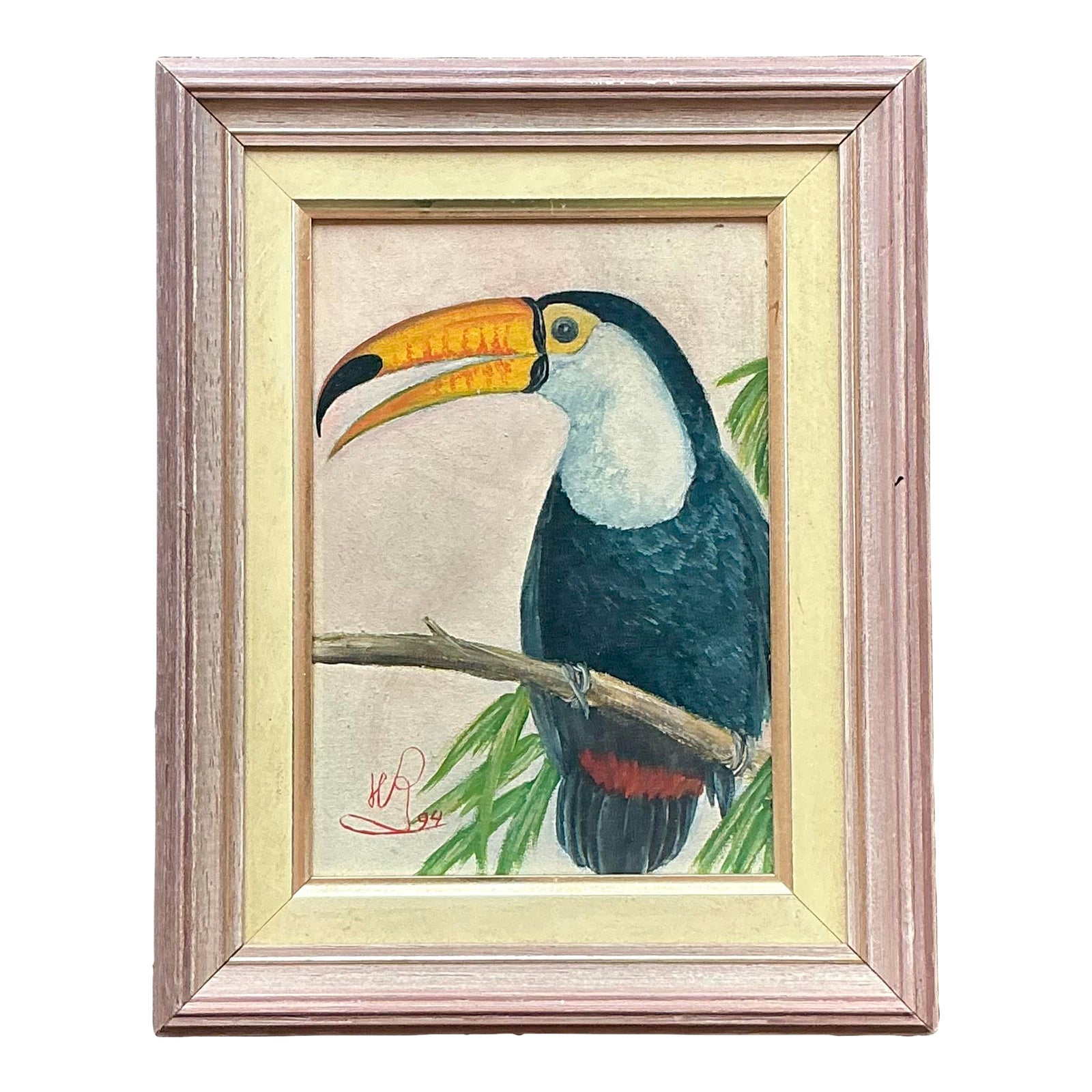 Late 20th Century Vintage Boho Original Oil Painting of Toucan | Chairish