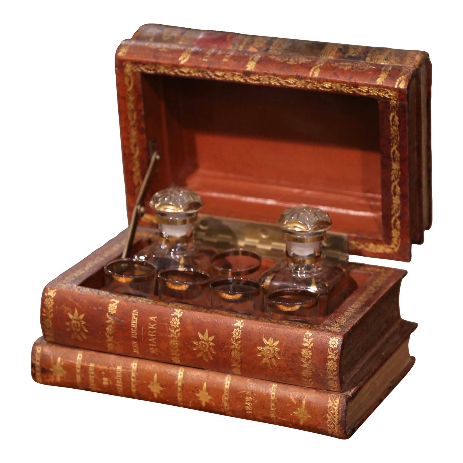Early 20th Century French Leather Book Liquor Box With Shot Glasses and ...