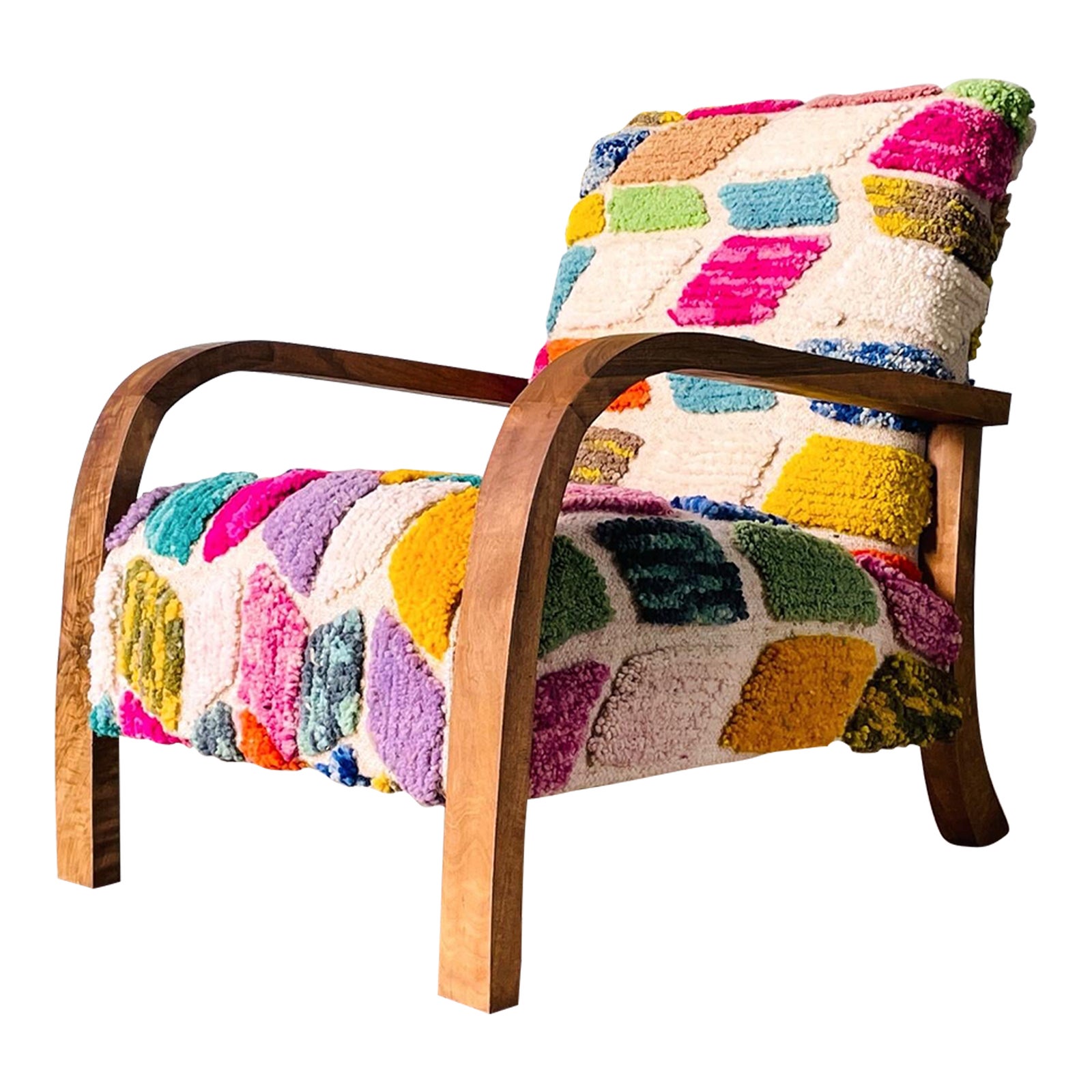 Colorful Mid-Century Wooden Chair With Handmade Textured Cushions ...