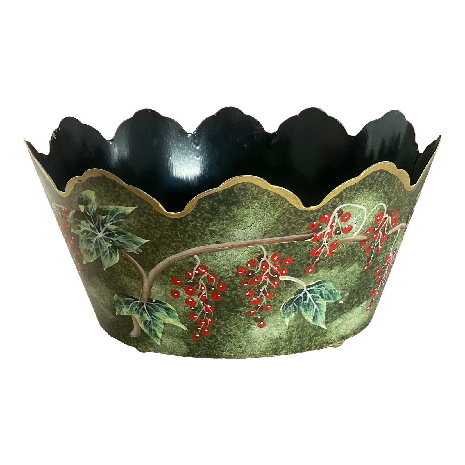 Vintage Late 20th Century Scalloped Metal Toleware Green Ivy and Holly ...