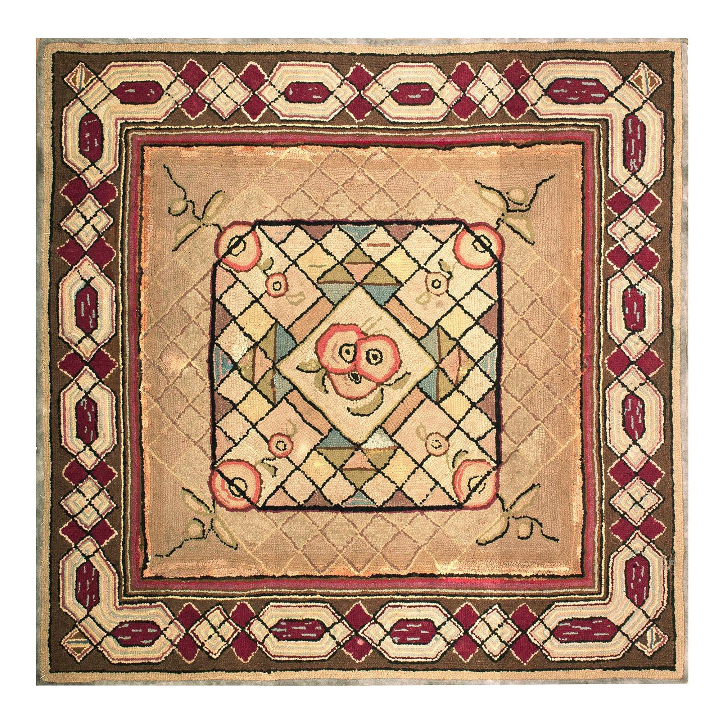 1930s Tan Camel Medallion Antique American Hooked Rug 4'2" X 4'2 ...