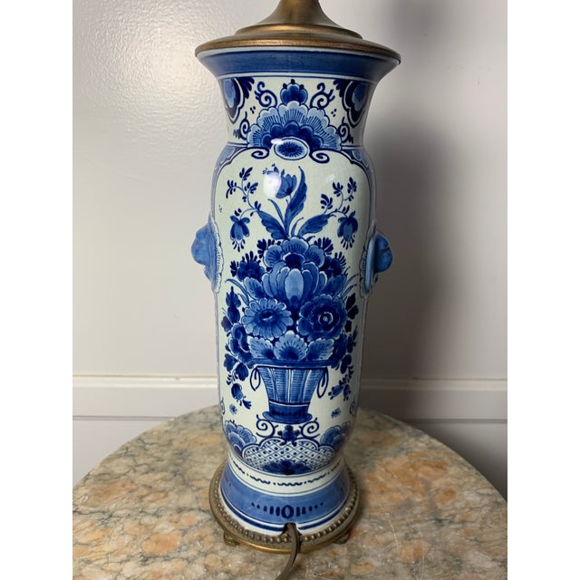 Vintage Mid 20th Century Blue & White Royal Delft Lamp With Flower ...