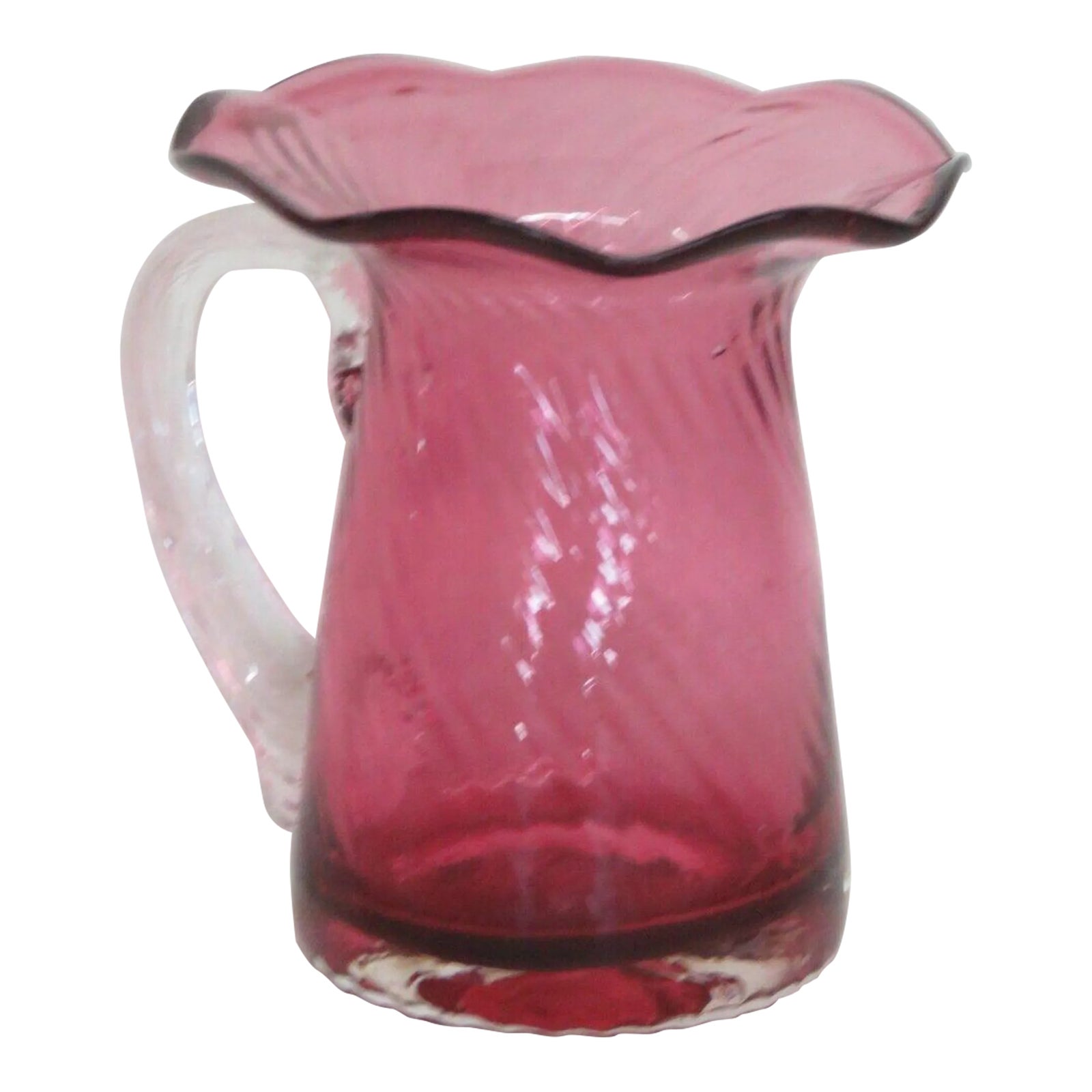 Pilgrim Glass Style Cranberry Pink Optic Swirl Ruffled Rim Pitcher Vase ...