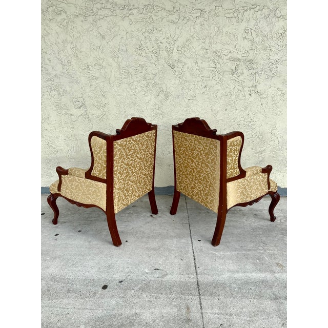 1920s Carved Mahogany French Library Silk Wingback Chairs - Set of 2 ...