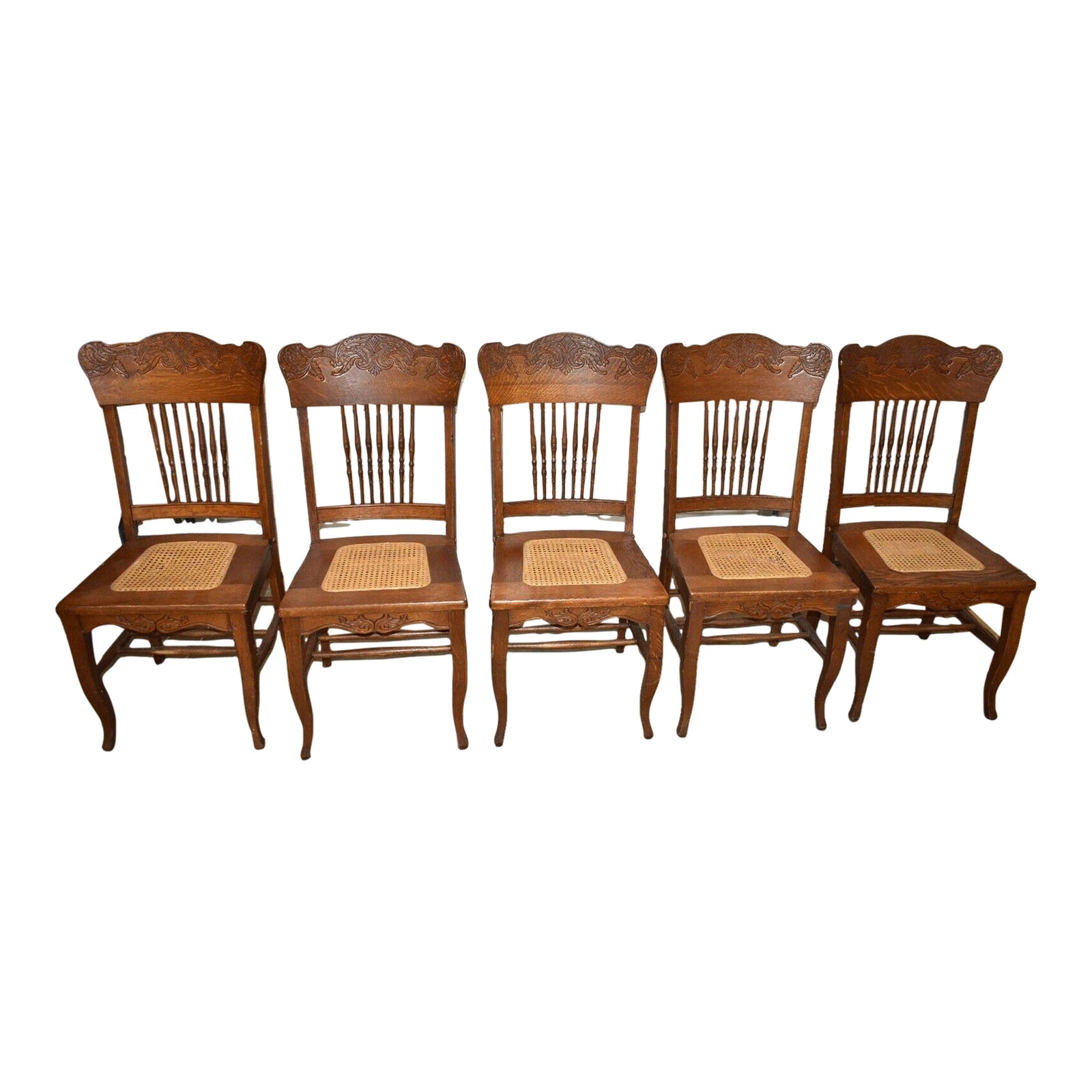 Vintage Mid Century Oak Pressback Cain Chairs - Set of 5 | Chairish