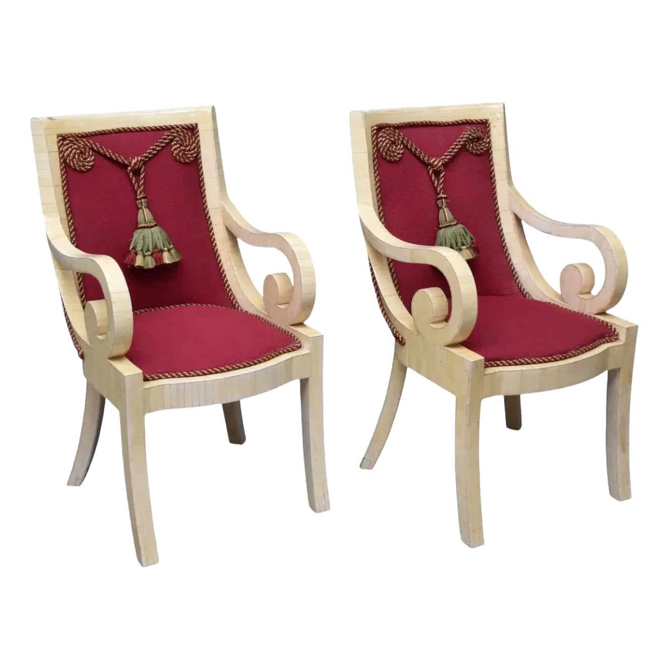 1960s Pair of Mid Century Tessellated Bone Scrolling Armchairs | Chairish