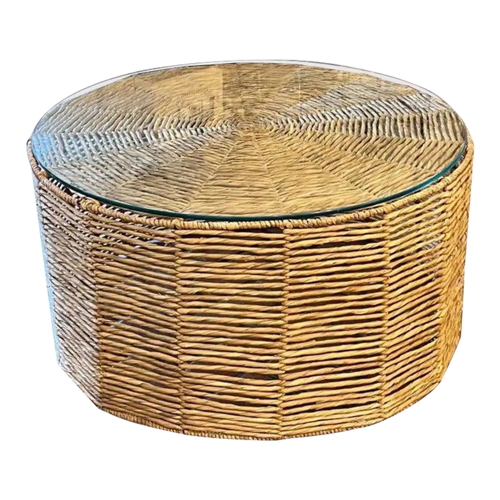 Weaved Seagrass Drum Coffee Table With Glass Top | Chairish