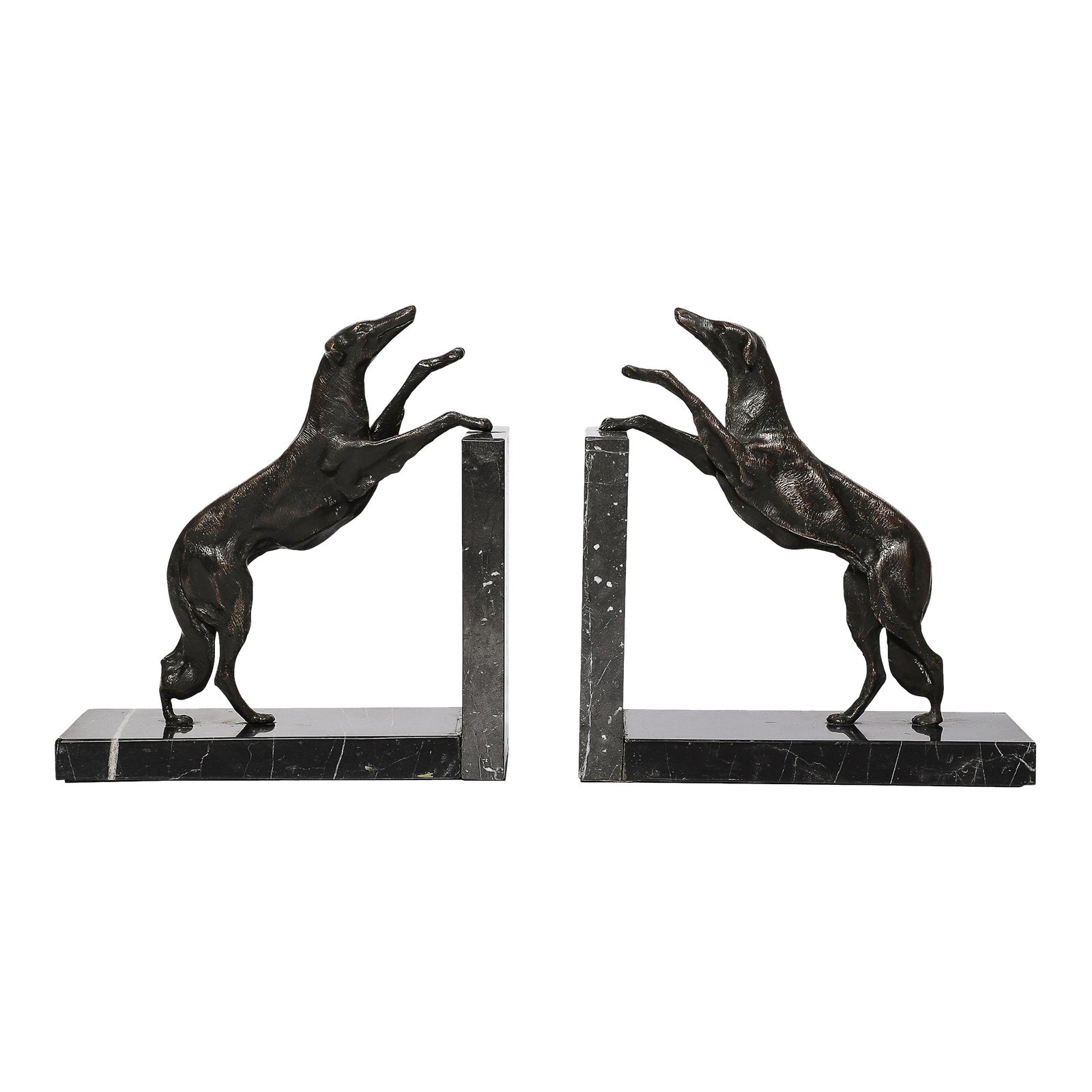 Art Deco Sculptural Bronze Greyhound Bookends on Nero Marquina Marble ...