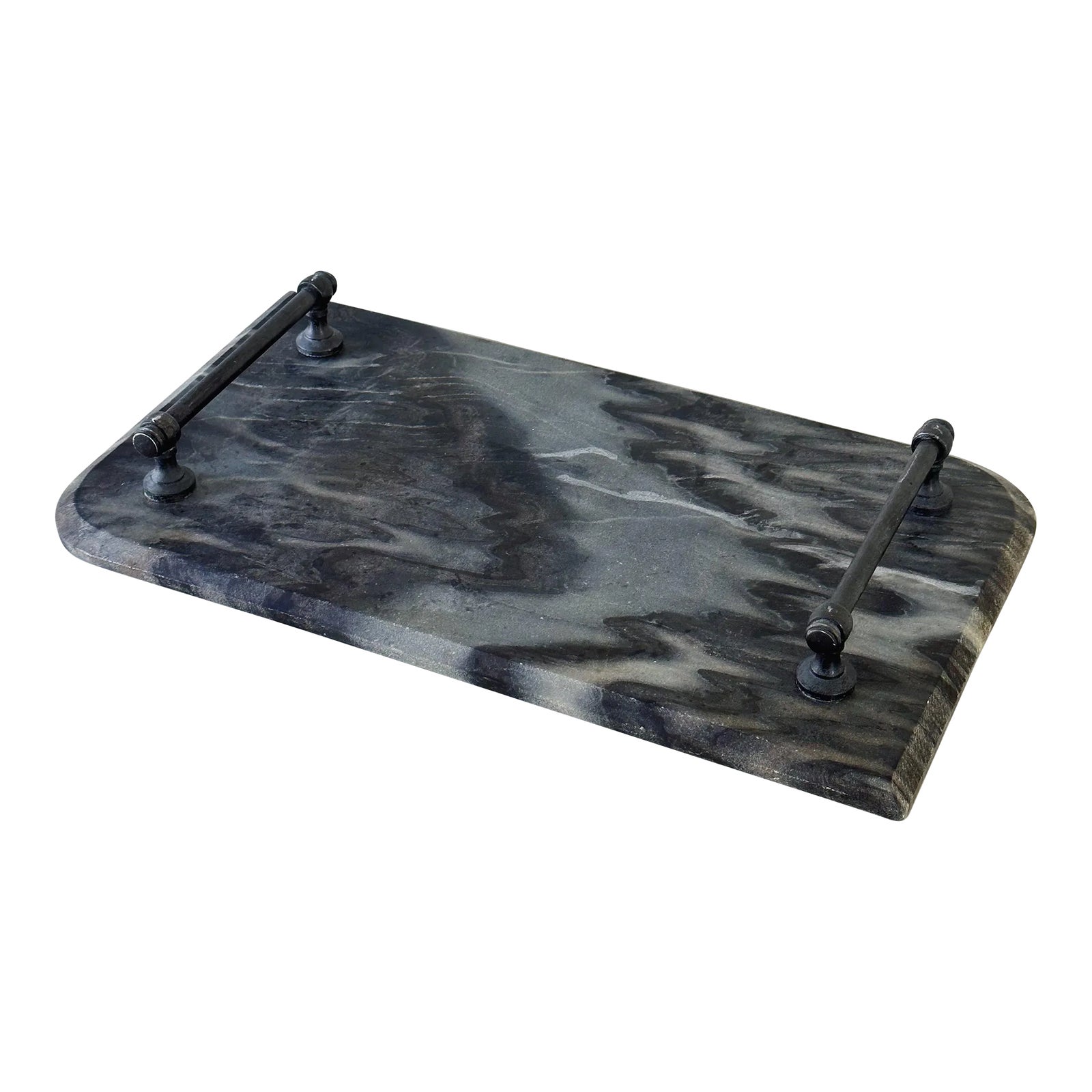 Vintage Gray Stone Tray in Bevelled Marble With Iron Handles | Chairish