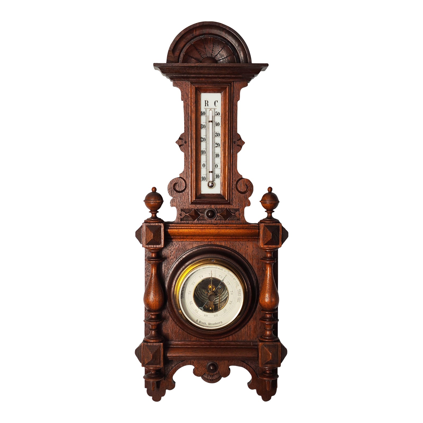 19th Century Antique Weather Station, Barometer, Thermometer Carved ...