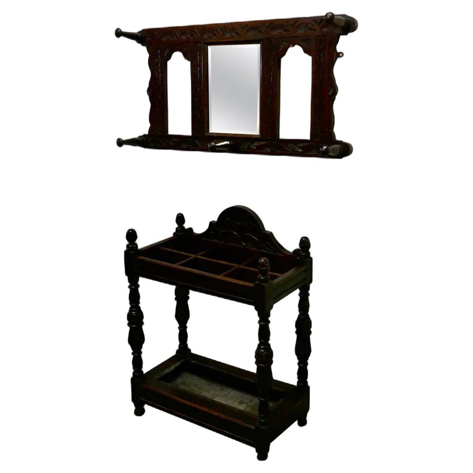 Victorian Carved Oak Stick Stand & Matching Mirror Set, 1860, Set of 2 ...