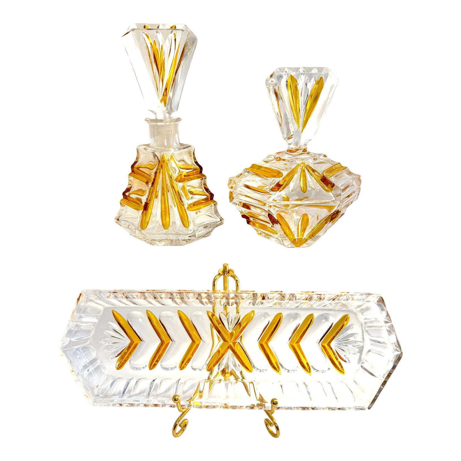 Gorgeous! Vintage Ernst Buder Art Deco Genuine Lead Crystal Amber Cut to Clear Vanity Boudoir ...
