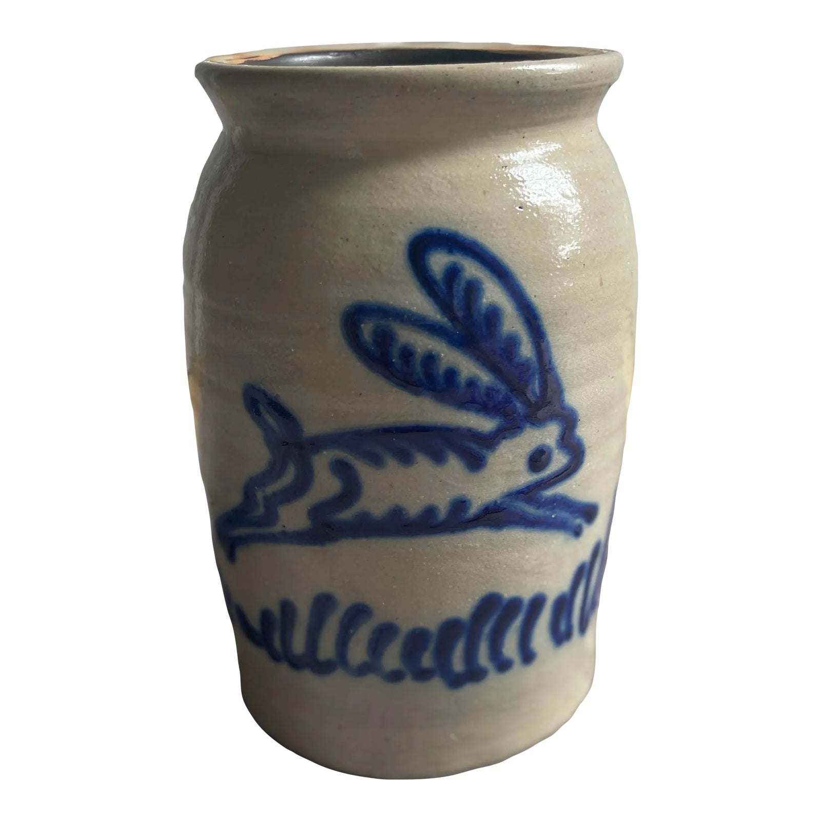 Vintage Stoneware Pottery Jar Crock Salt Glaze Cobalt Blue Bunny Rabbit ...