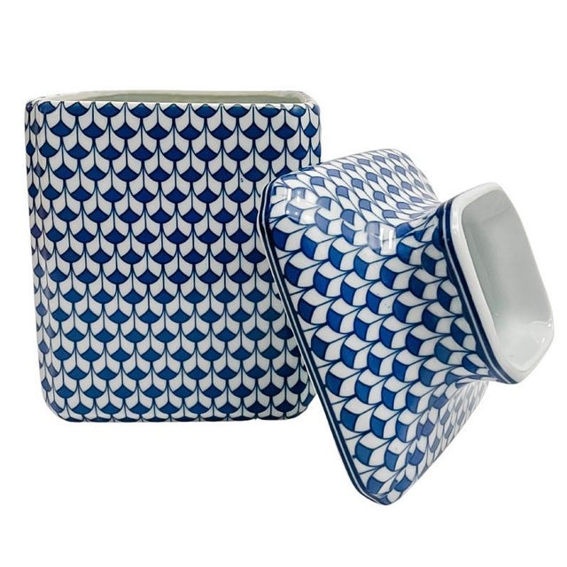 Contemporary Blue & White Fishnet Ceramic Tissue Box Cover | Chairish
