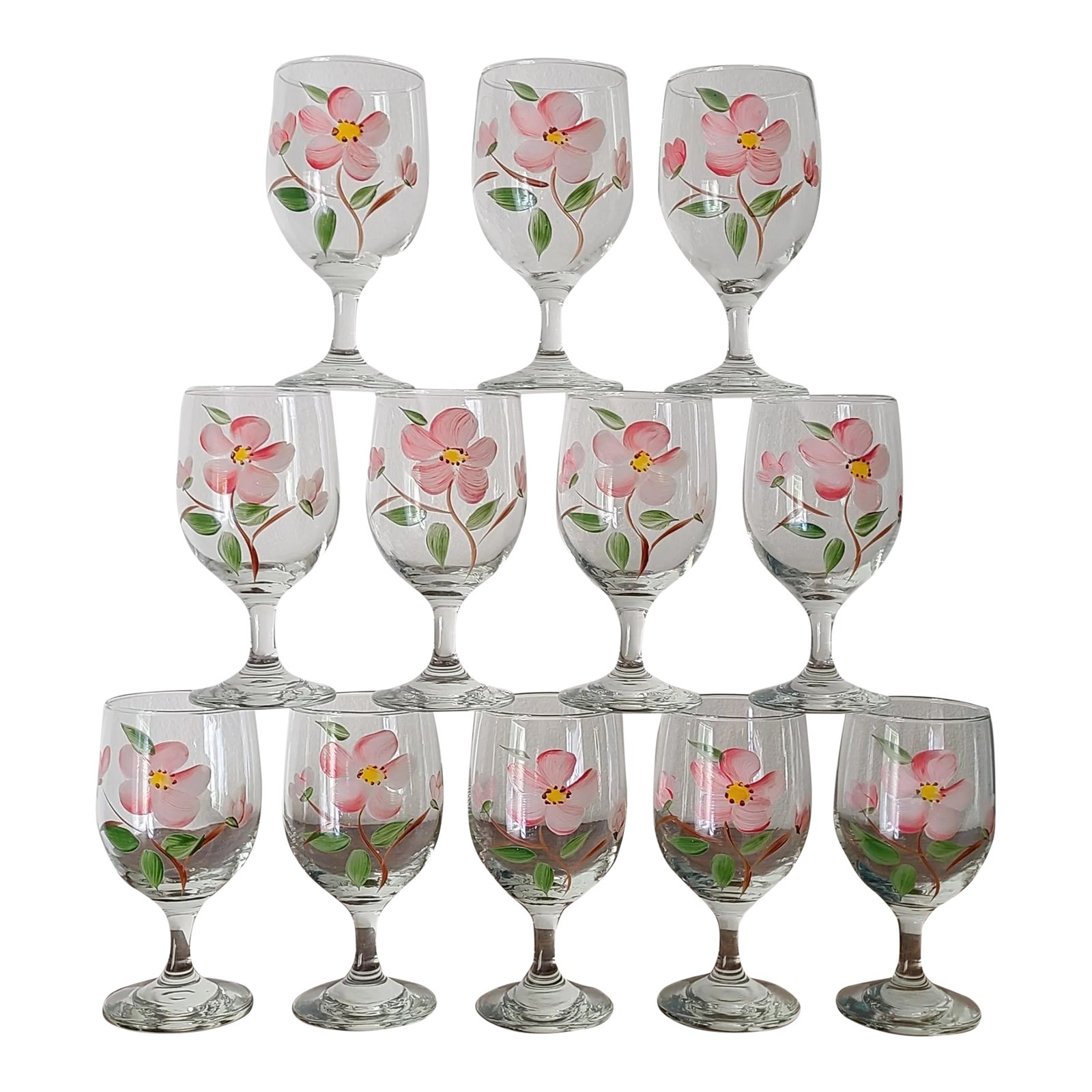 Hand Painted Pink Rose Motif Wine/Water Goblets-Set of 12 | Chairish