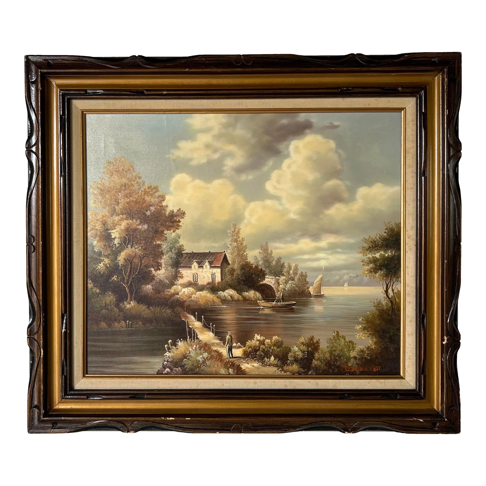 Vintage G. Closson English Cottage Oil on Canvas Painting | Chairish