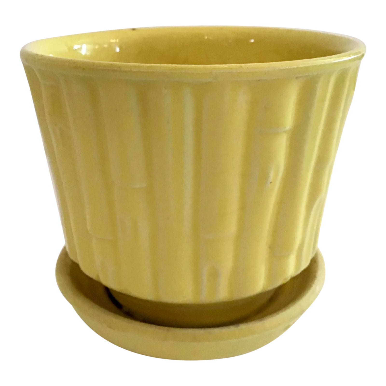 Small Faux Bamboo Yellow Glaze Ceramic Cachepot | Chairish