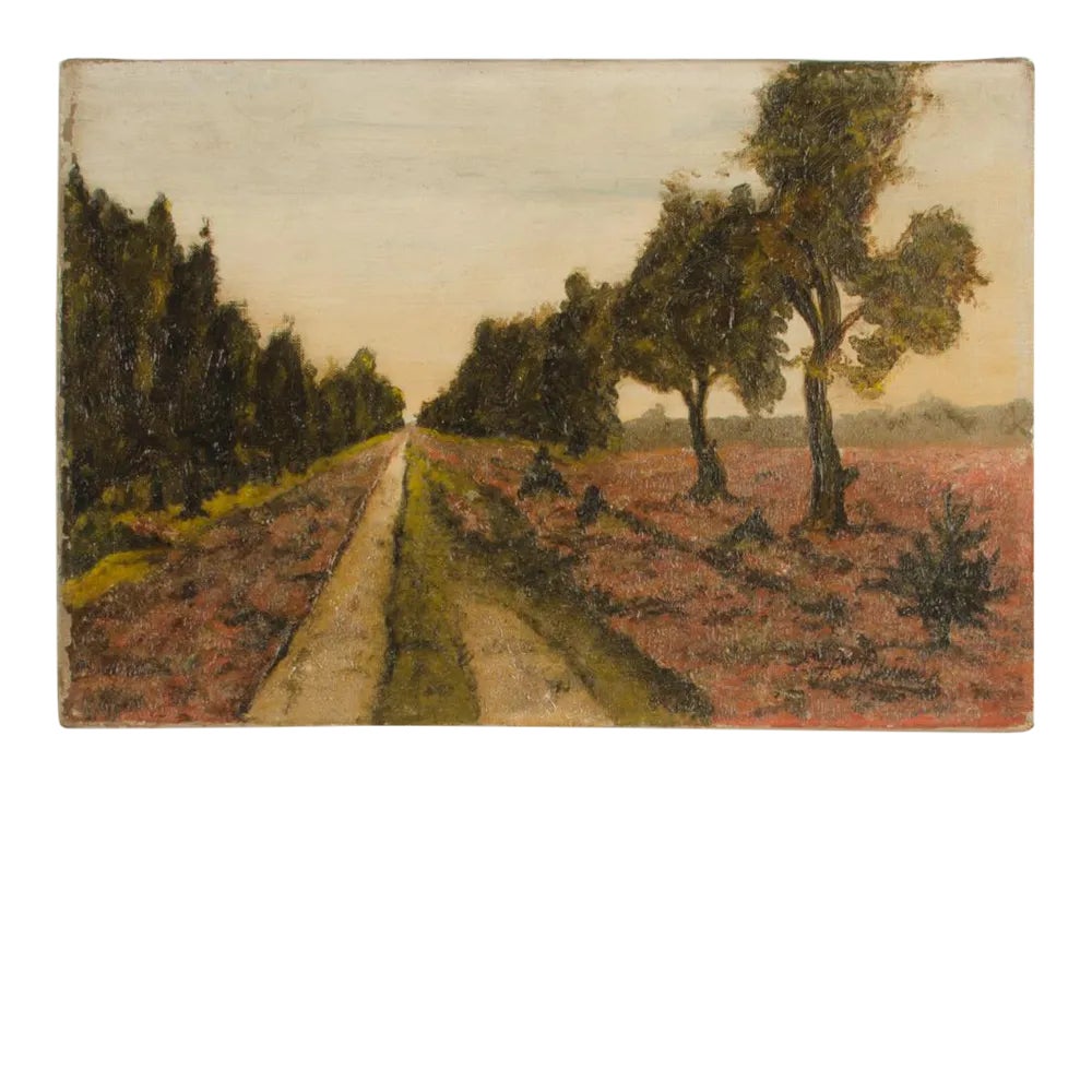 1940s Rustic Oil Landscape of Tree Lined Road | Chairish