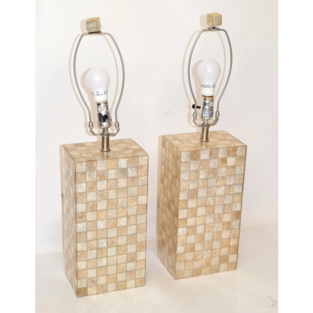 Pair, Mid-Century Modern Capiz Shell Over Wood Square Table Lamps ...