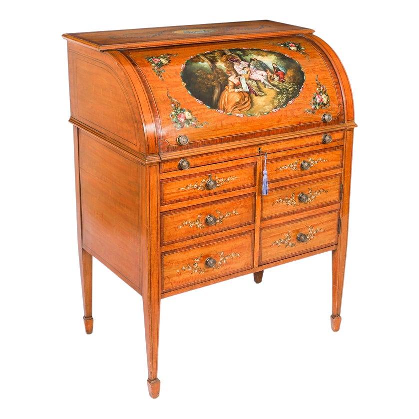 Antique English Late Victorian Sheraton Revival Satin Wood Bureau, 19th ...