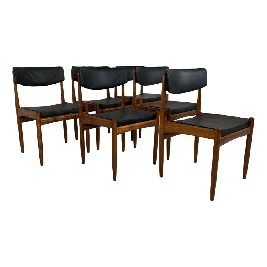 Vintage Teak Dining Chairs in Black Skai Fabric, Set of 6 | Chairish