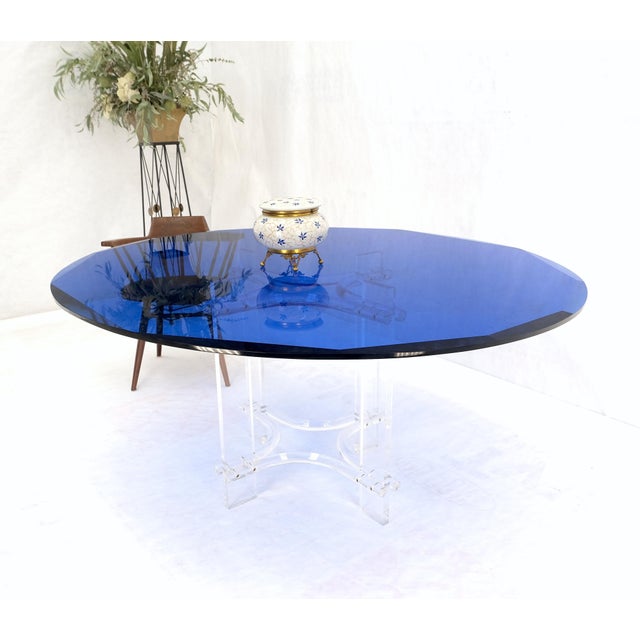 Large Oval Blue Azul Purple Beveled 3 4 Glass Top Dining Table on Lucite Base Chairish