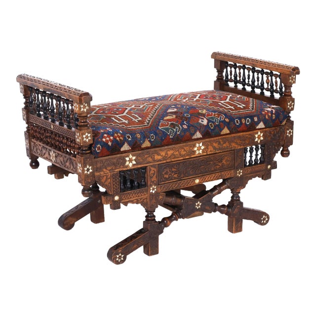 Antique Moroccan Carved and Inlaid Bench | Chairish