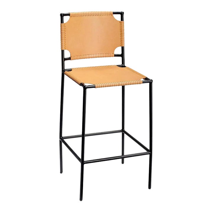 Asher Cashew Tan Full Grain Leather Bar Stool With Back | Chairish