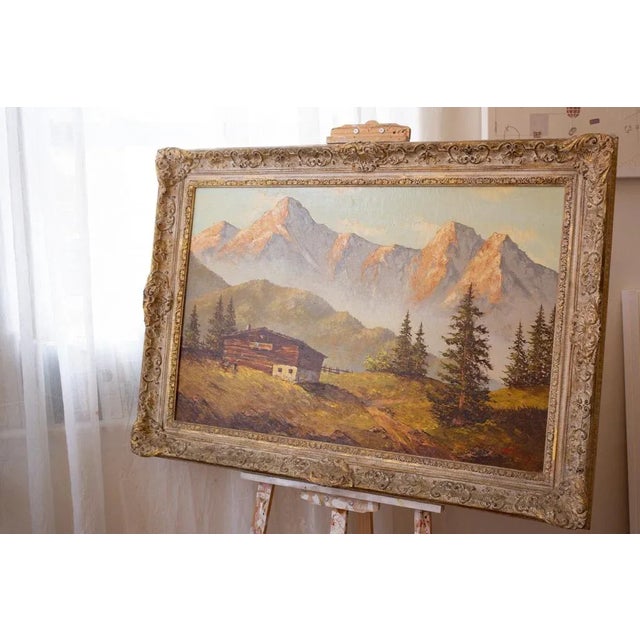 1950s Large Rustic Framed Landscape Painting of Mountain Cabin | Chairish