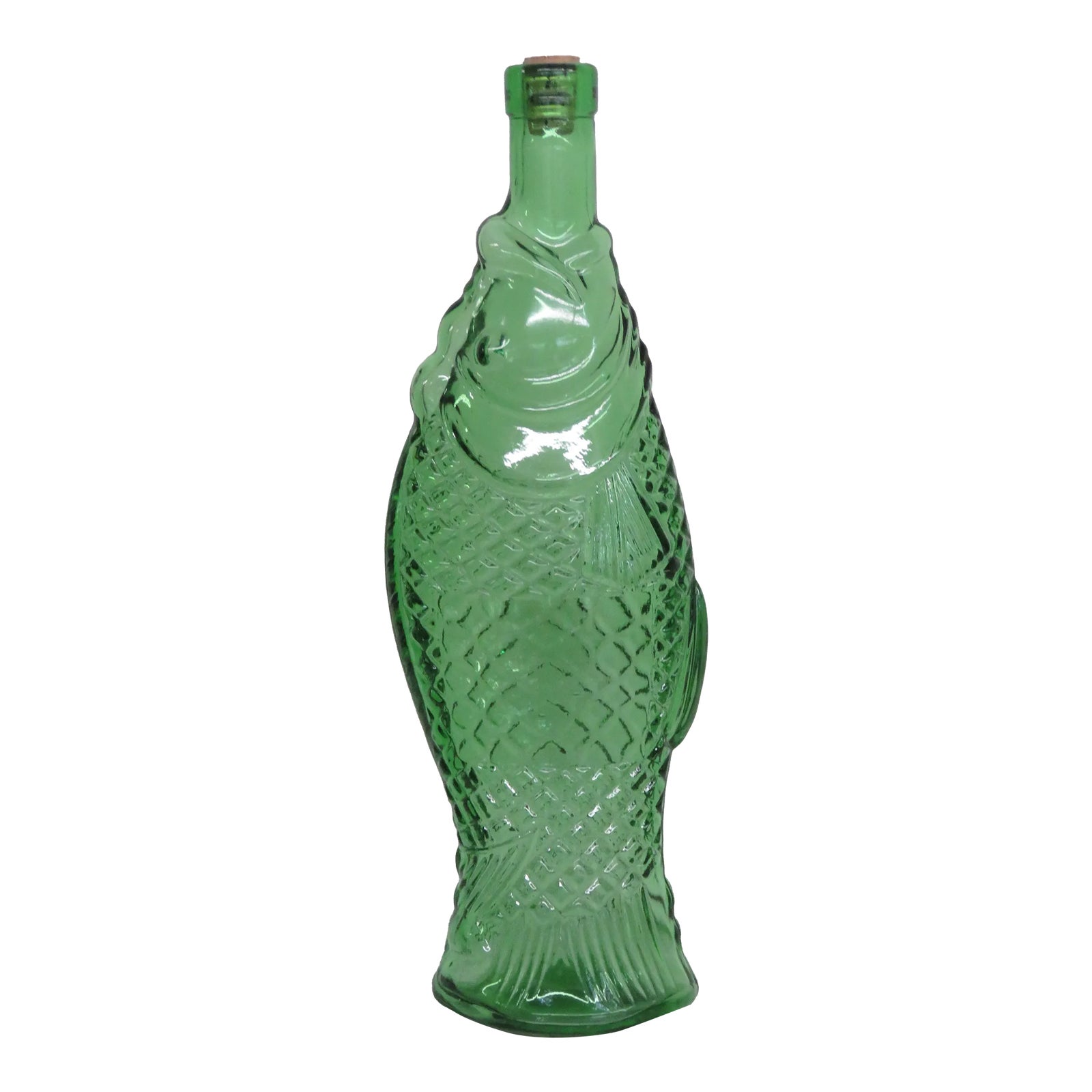 Green Fish Glass Bottle Decanter With a Cork Stopper 4228b | Chairish
