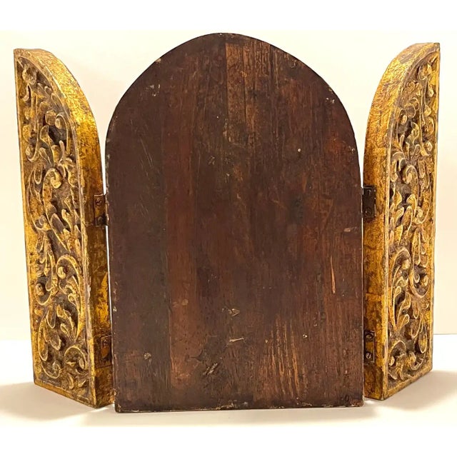 19th C. Spanish Colonial Carved Giltwood Triptych of Virgin Mary & Christ Child | Chairish