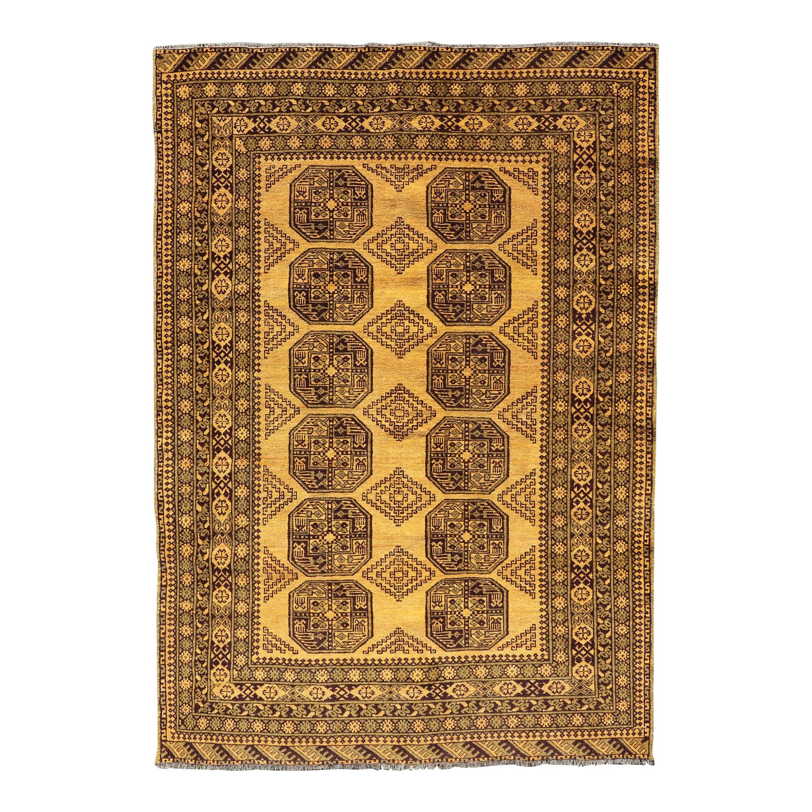 Hand-Knotted Ersari Rug in Wool With Gul Design in Marigold and Brown 5 ...