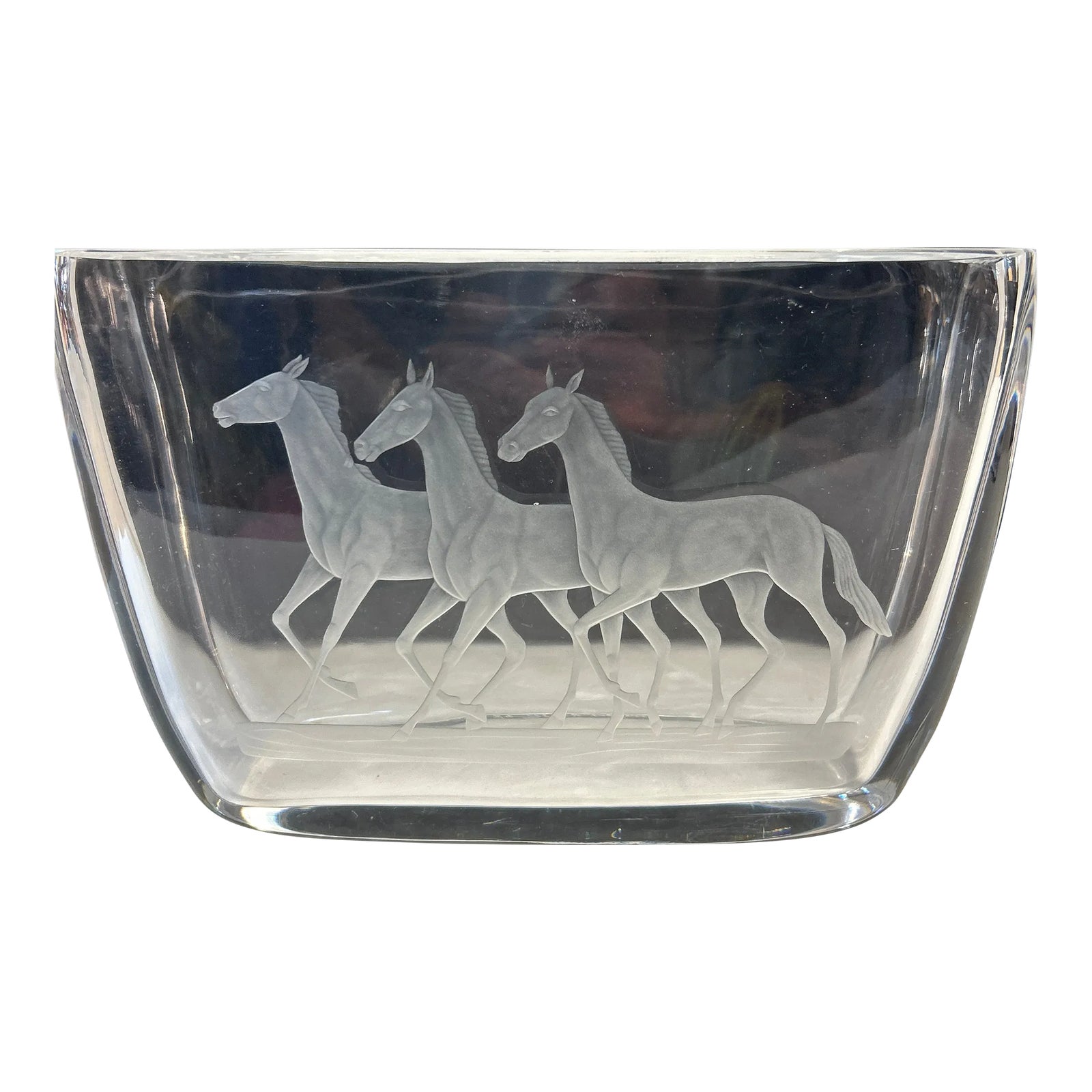 Orrefors Crystal Vase With Etched Galloping Horses Signed | Chairish