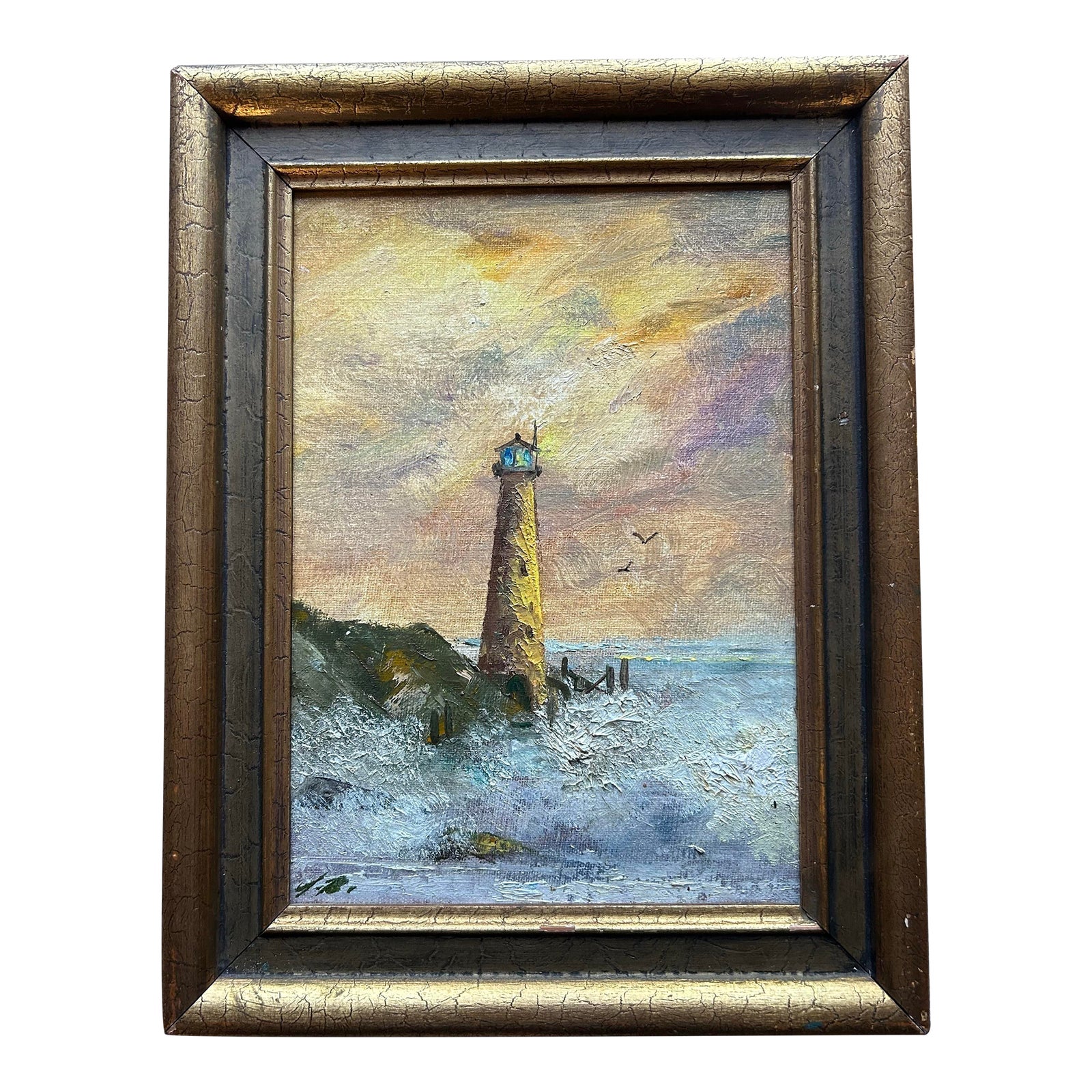 Small Vintage Impressionist Oil Painting of Lighthouse in Gold Frame | Chairish