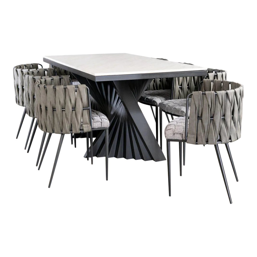 Contemporary White Marble Top Waterfall Dining Set - 9 Pieces | Chairish