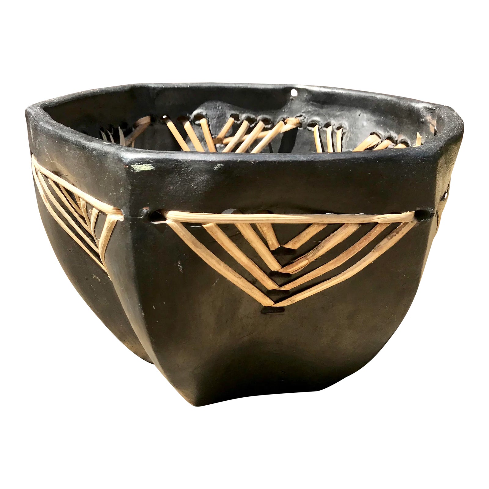 Vintage Handmade Clay Bowl With Straw Detailing | Chairish