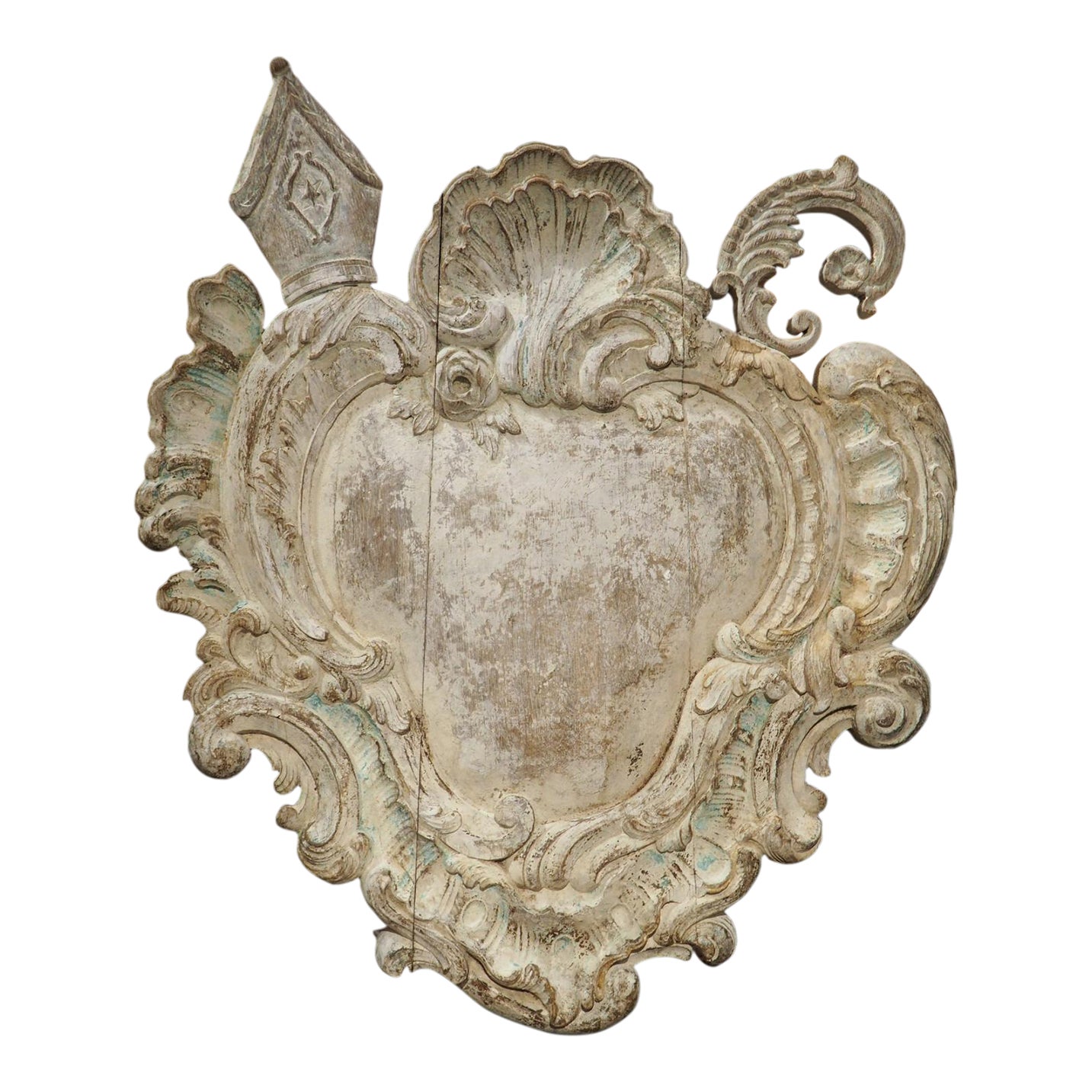 Antique French Carved and Painted Oak Ecusson Panel, Mitre and Crozier ...