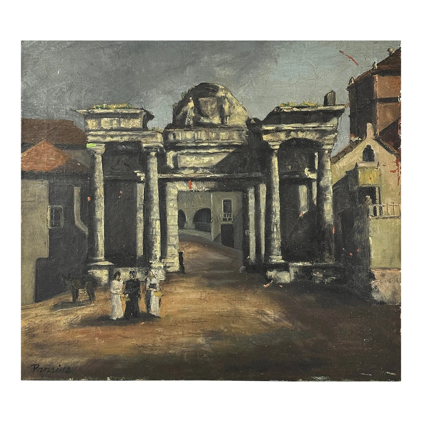 Vintage Folk Art Roman Ruins Landscape With Figures, Signed (Oil on ...
